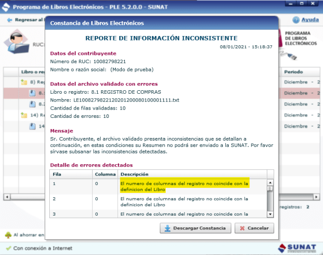 El número de columnas del registro no coincide con la definición del libro